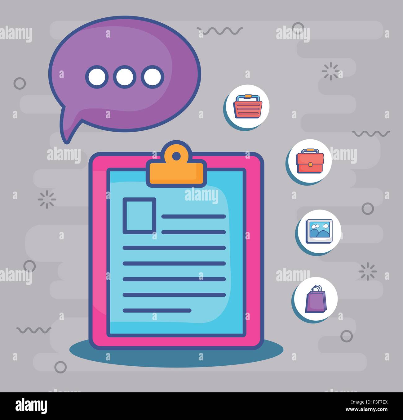 speech bubble and reporter table with digital marketing related icons ...