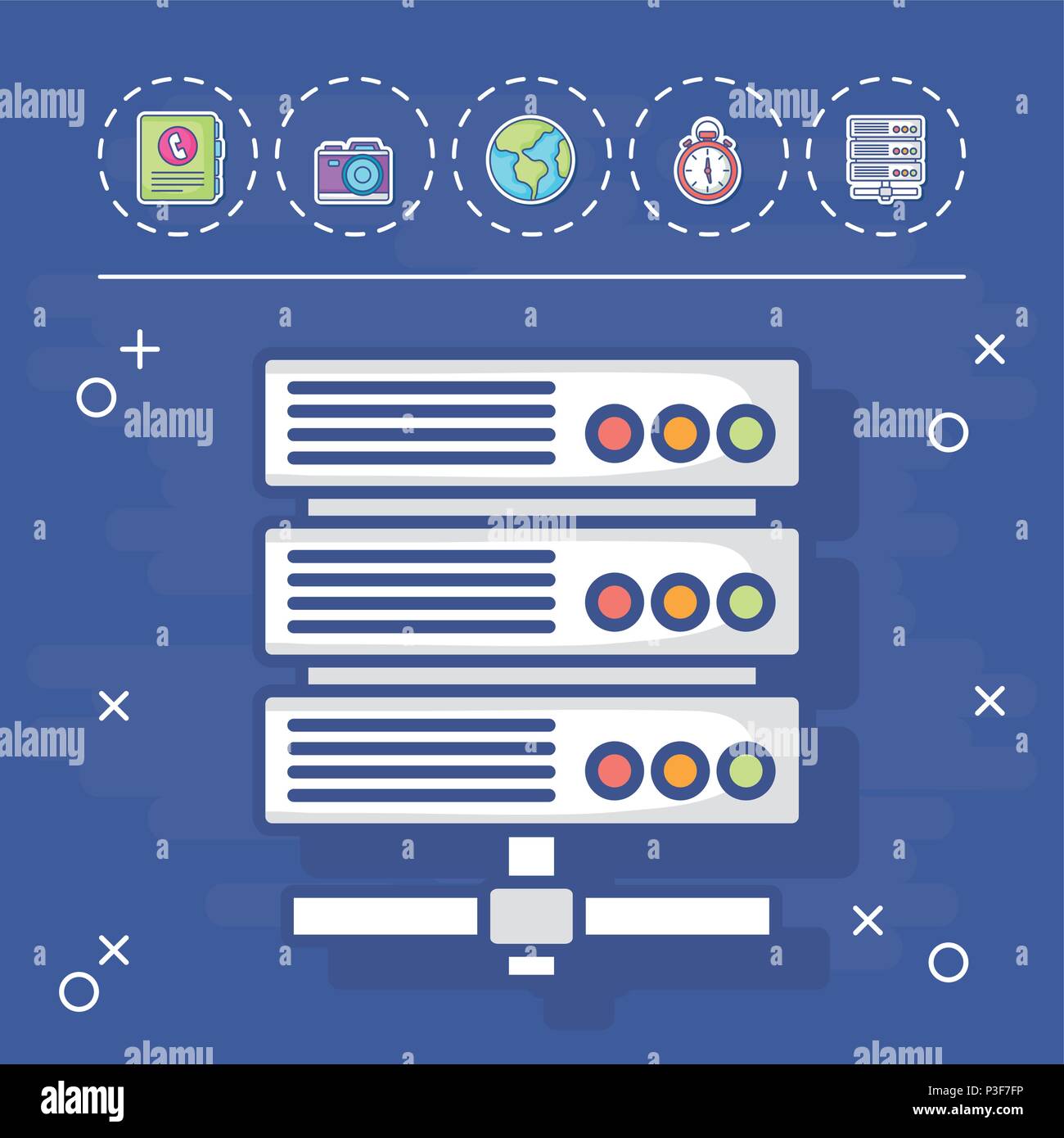 router with digital marketing related icons around over blue background ...