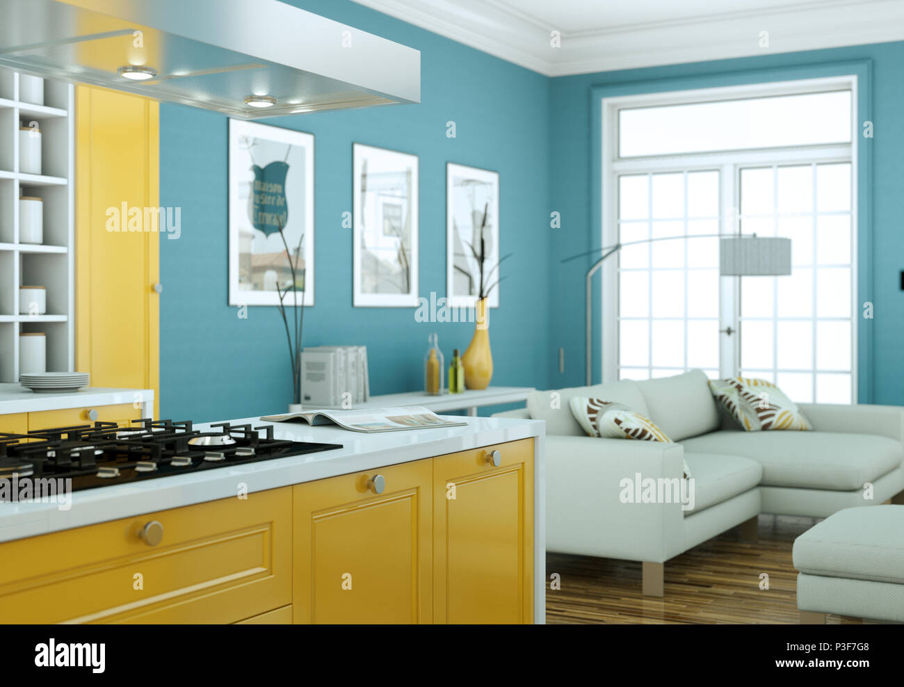 3d Illustration of a modern yellow kitchen interior design Stock Photo ...