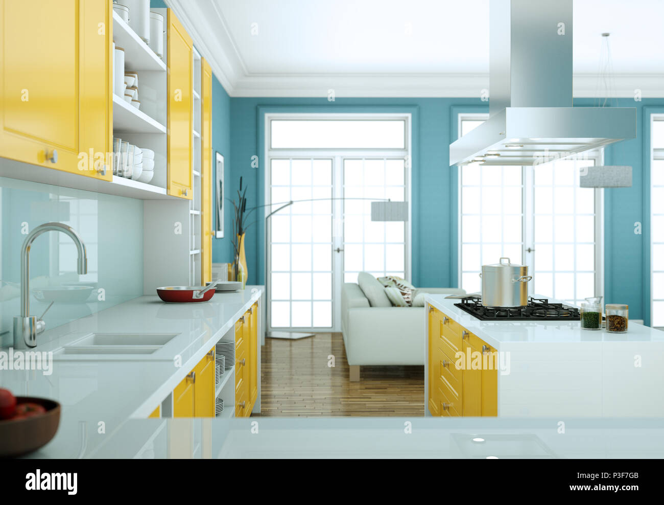 3d Illustration of a modern yellow kitchen interior design Stock Photo ...