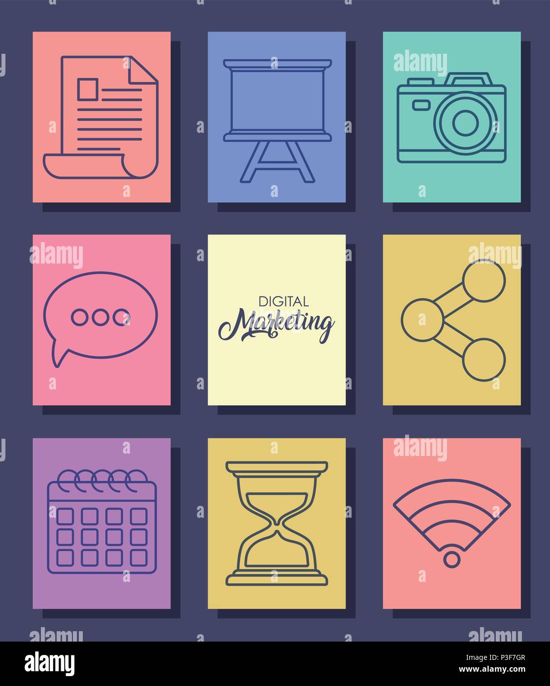Digital marketing icon set over colorful squares and blue background ...