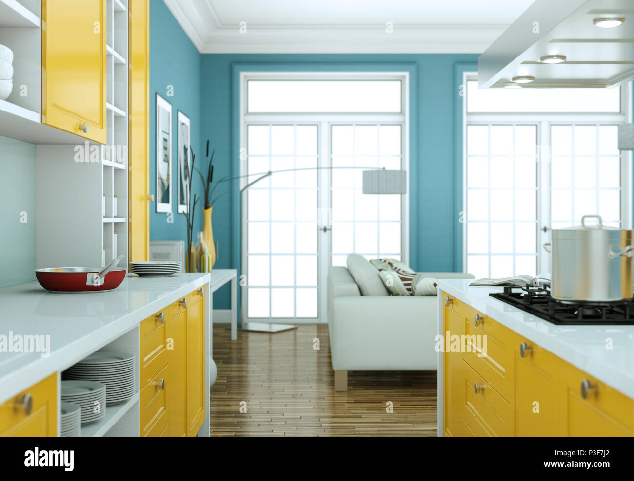 3d Illustration of a modern yellow kitchen interior design Stock Photo ...