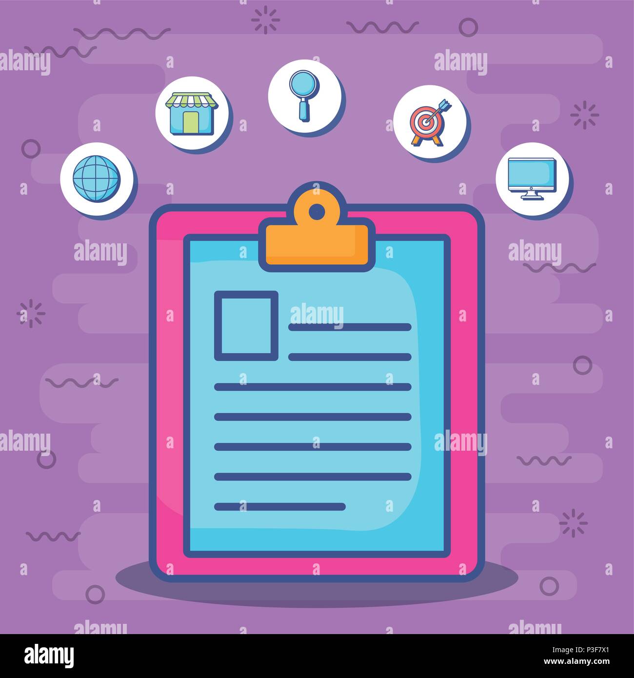 reporter table with digital marketing related icons around over purple ...