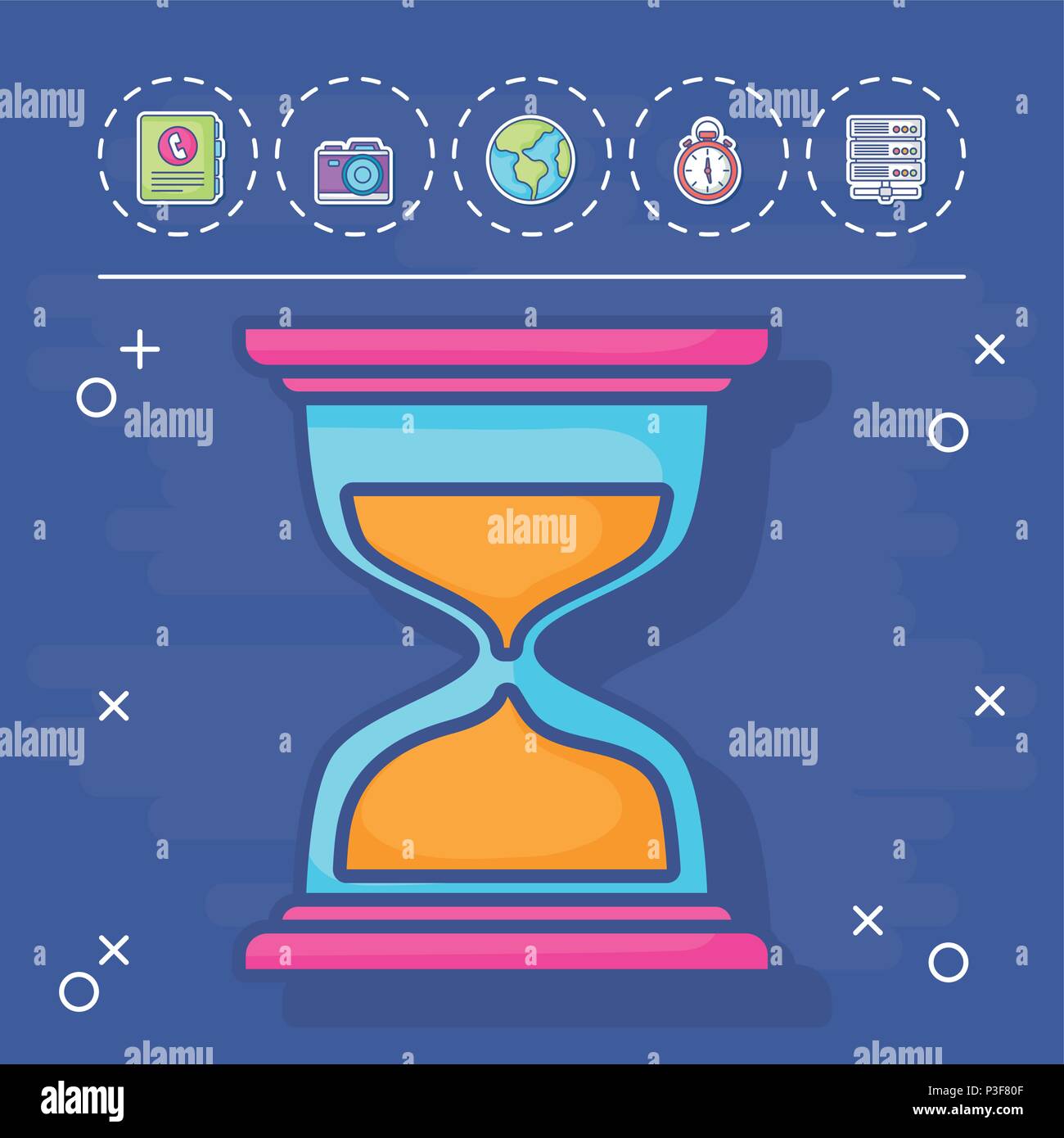 hourglass with digital marketing related icons around over blue ...