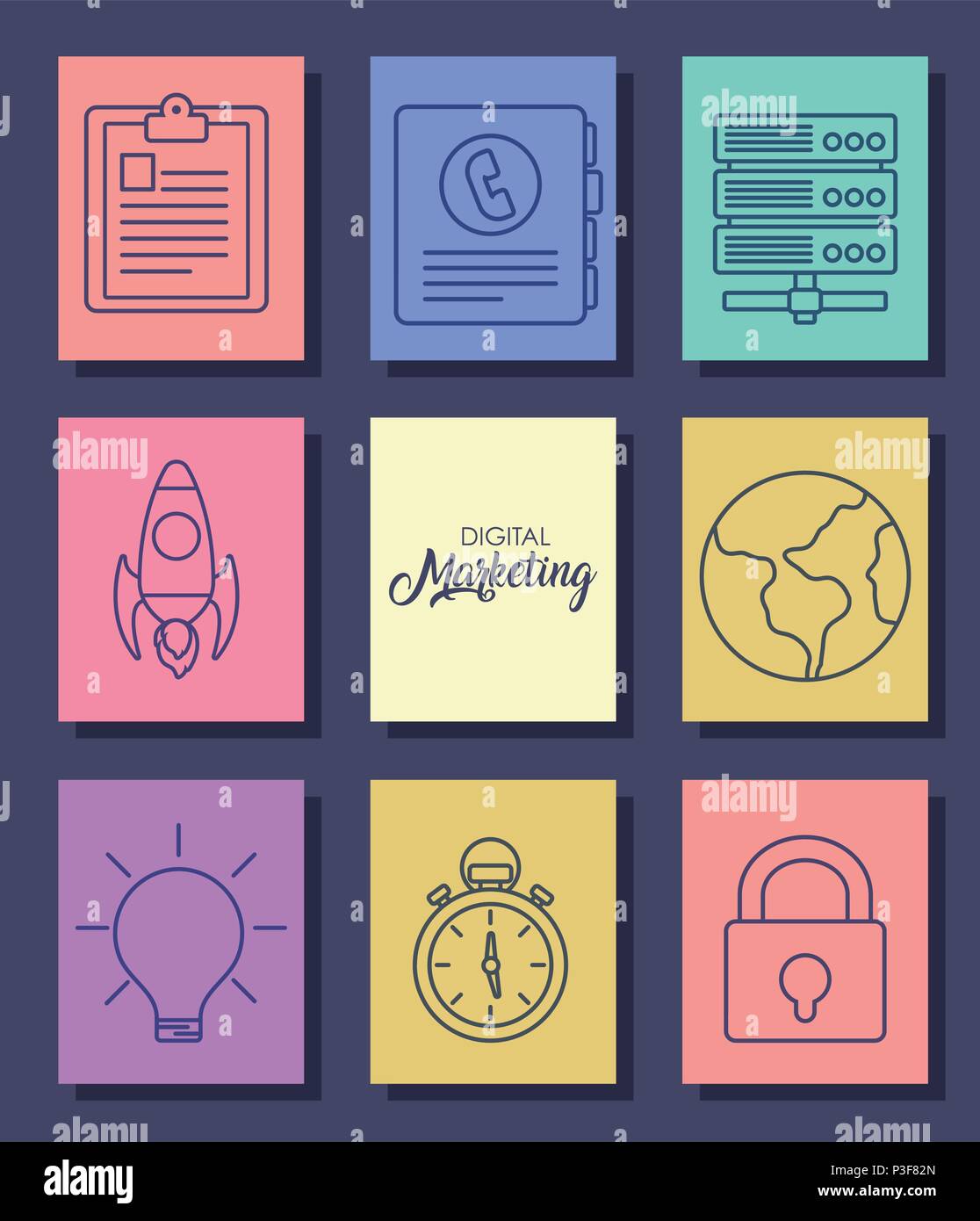 Digital marketing icon set over colorful squares and blue background ...