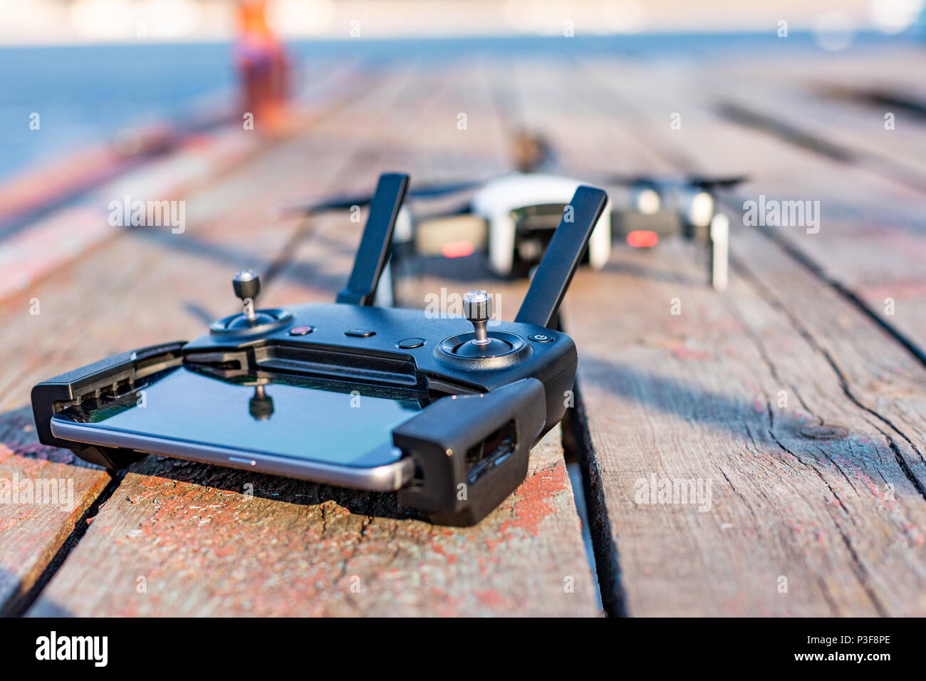 Drone and control panel on an old board Stock Photo - Alamy
