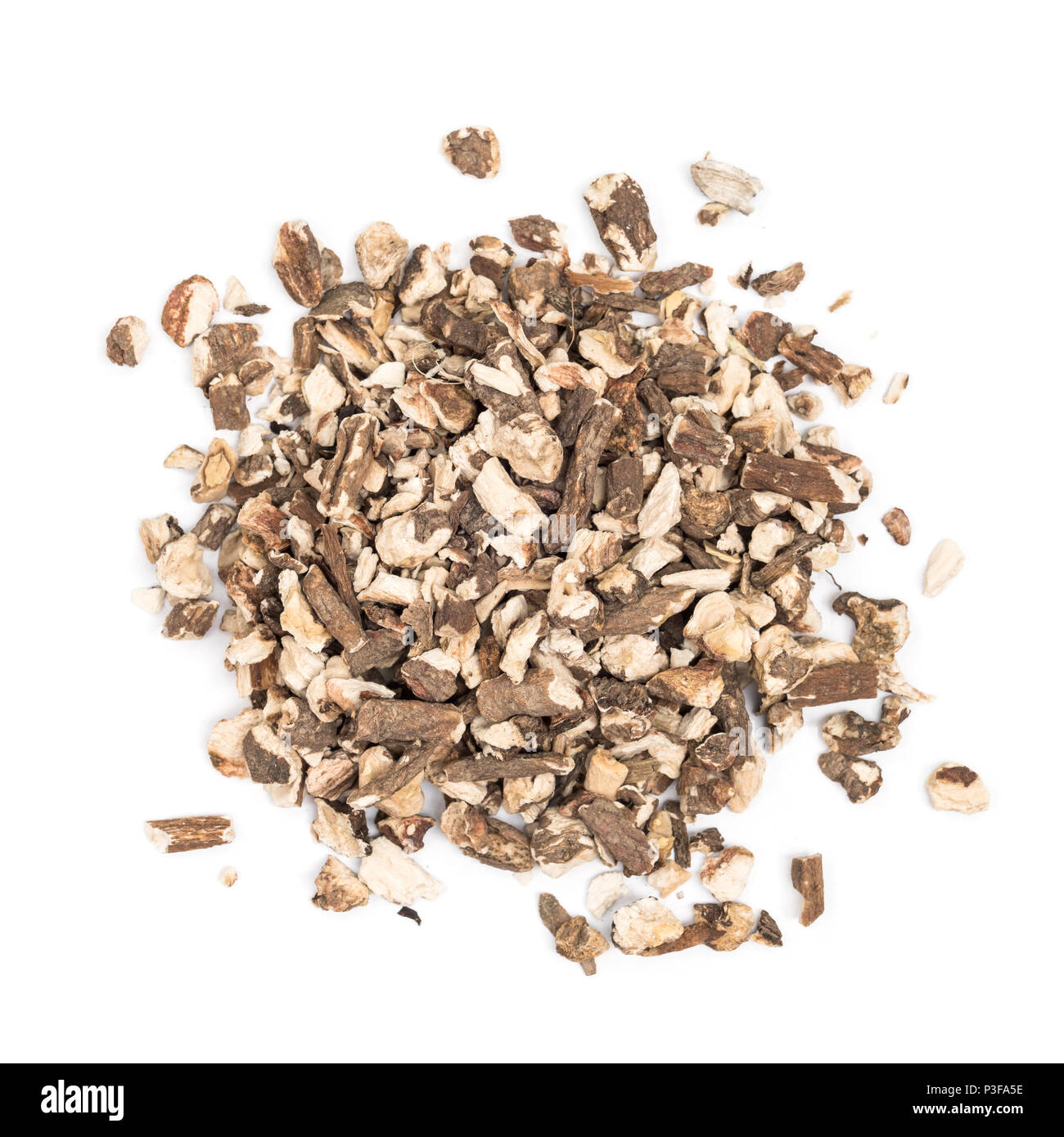 Organic dried dandelion root isolated on white background, top view ...