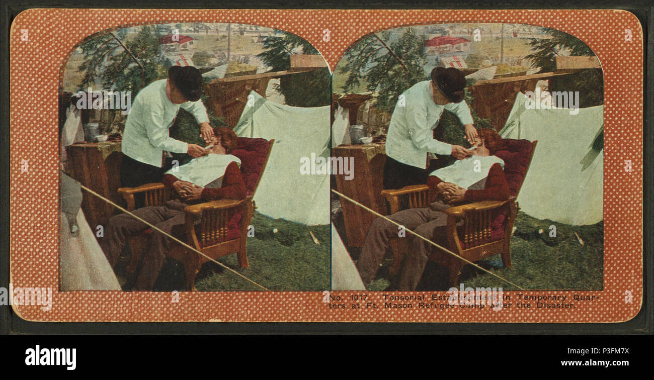 329 Tonsorial establishment in temporary quarters at Ft. Mason refugee ...