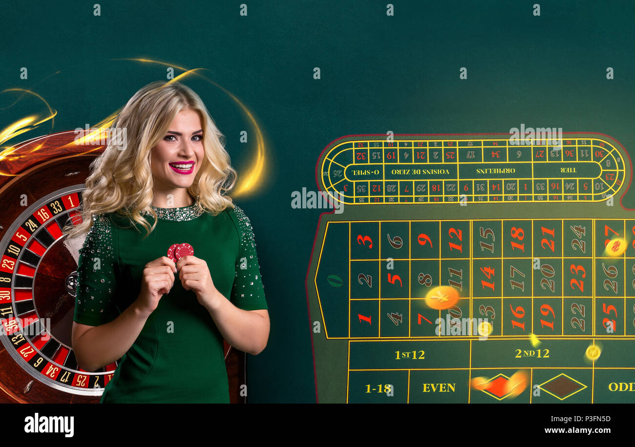 Collage of casino images with roulette and woman. Female Poker player ...