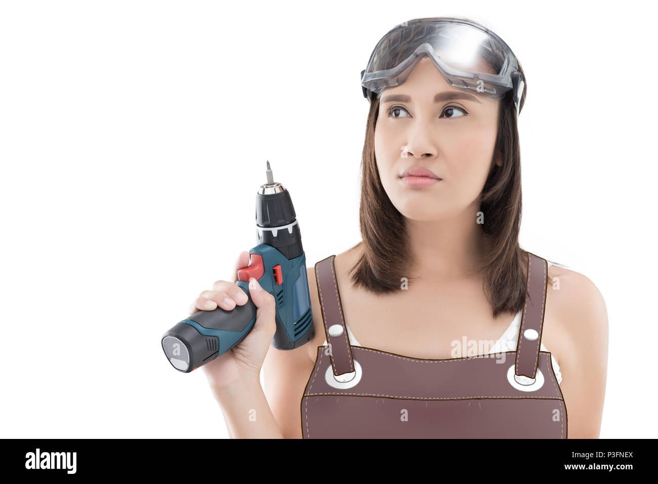 Asian woman with cordless drill ready for home repairs. People holding ...