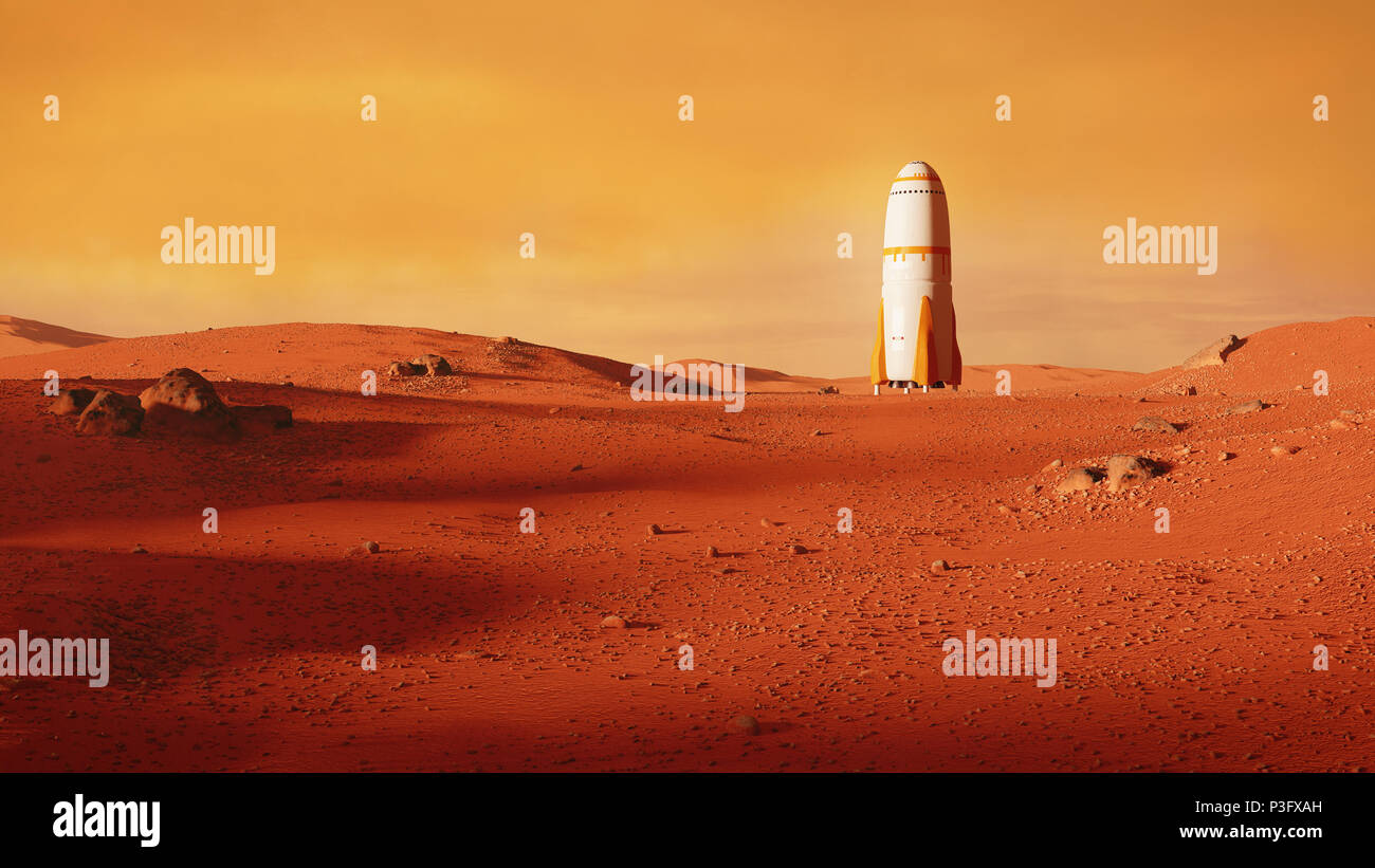 landscape on planet Mars, rocket landing on the red planet (3d space ...