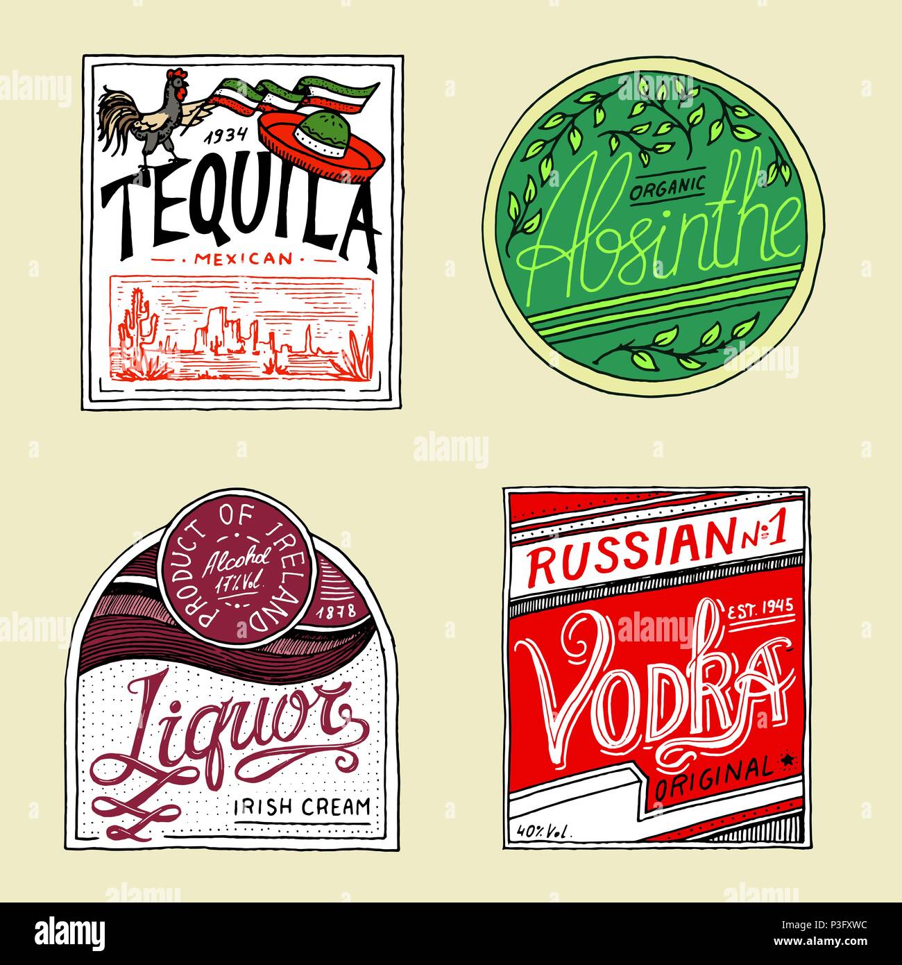 Vintage American absinthe tequila vodka liqueur badge. Alcohol Label ...