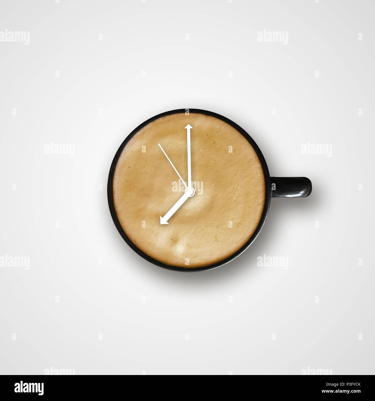 coffee in black mug with alarm clock sign Stock Photo - Alamy