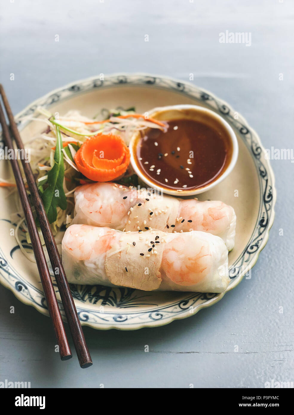 Asian style dinner. Flat-lay of steamed dumplings Dim sum and summer ...
