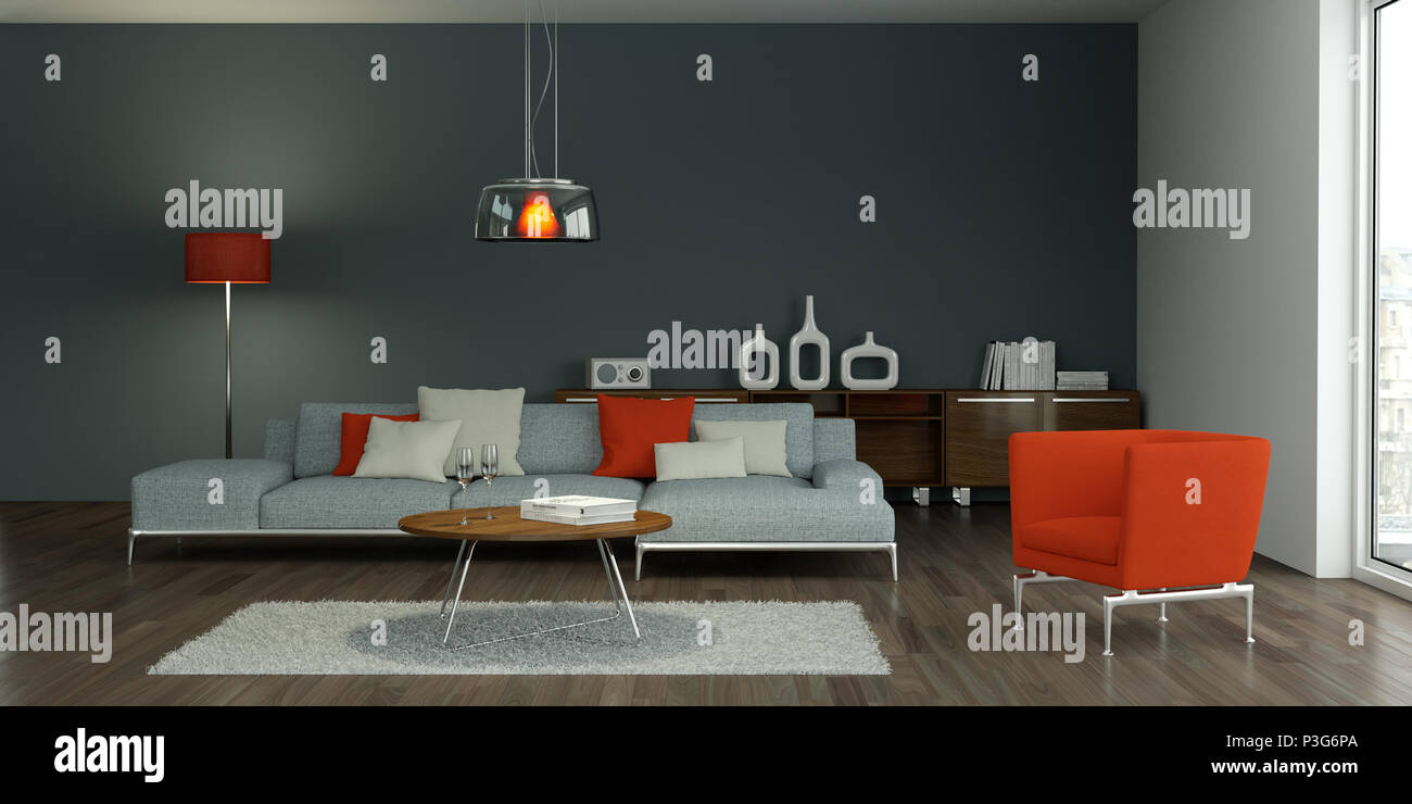 modern grey interior design living room 3d Illustration Stock Photo - Alamy