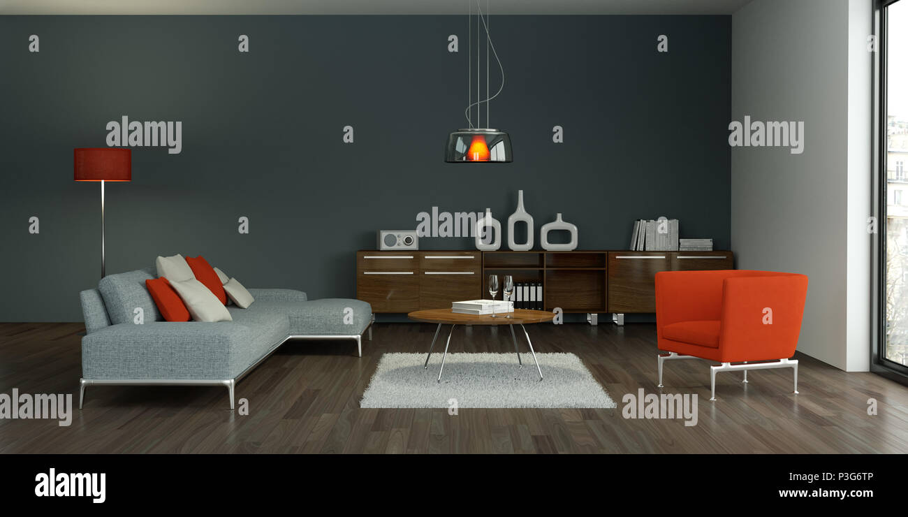 modern grey interior design living room 3d Illustration Stock Photo - Alamy