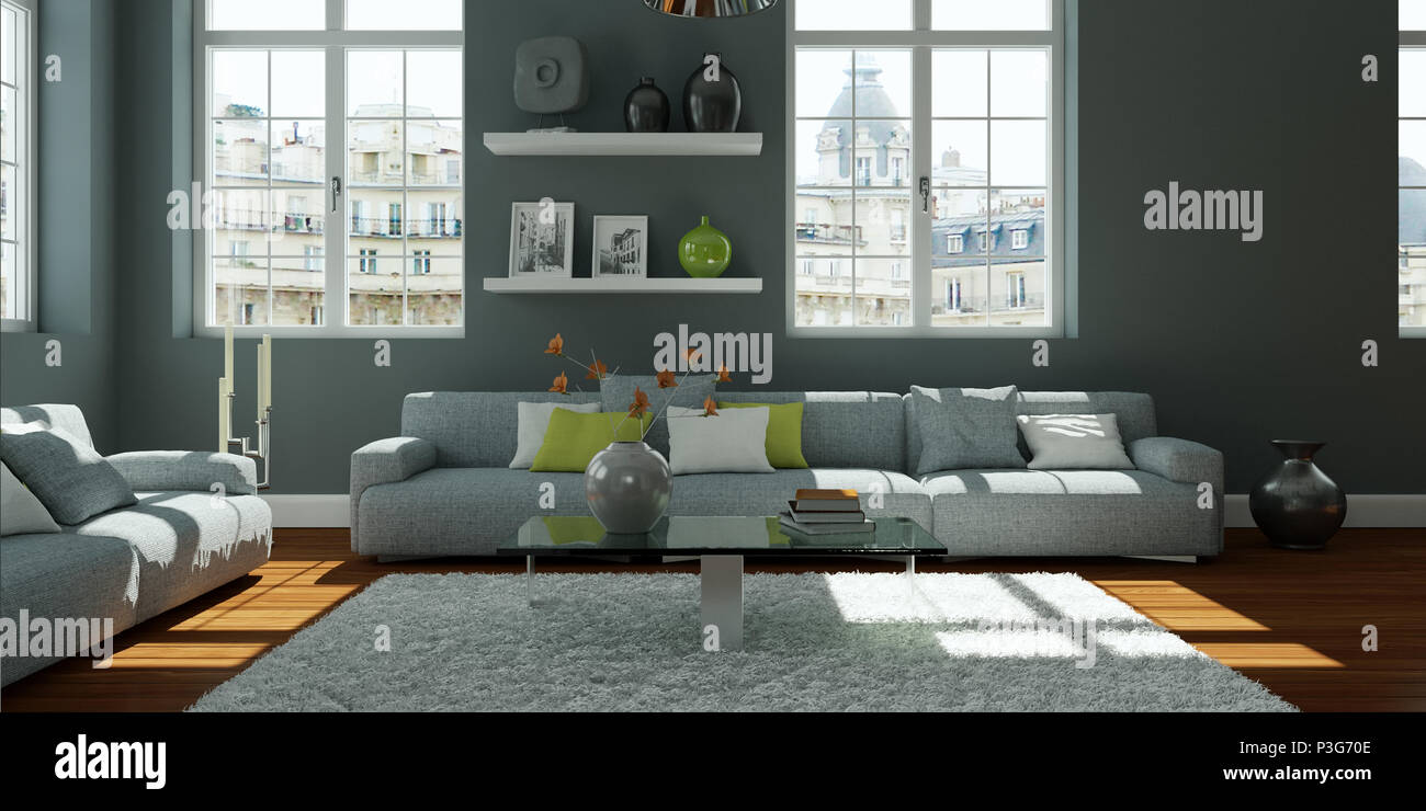 modern grey living room interior design 3d Illustration Stock Photo - Alamy