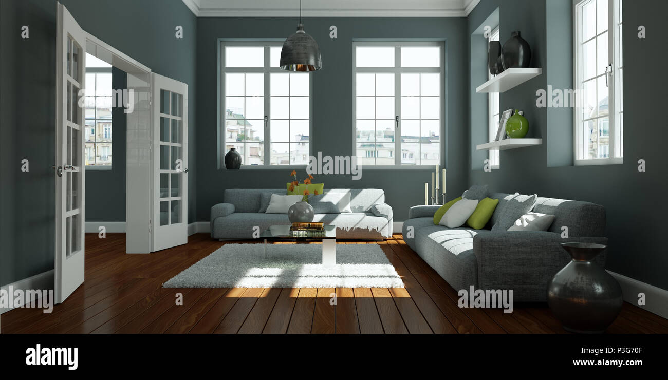 modern grey living room interior design 3d Illustration Stock Photo - Alamy