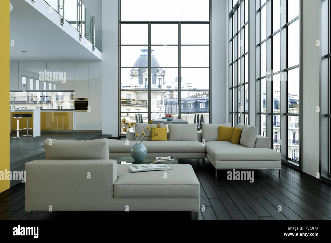 Modern bright loft with big Windows interior design Stock Photo - Alamy