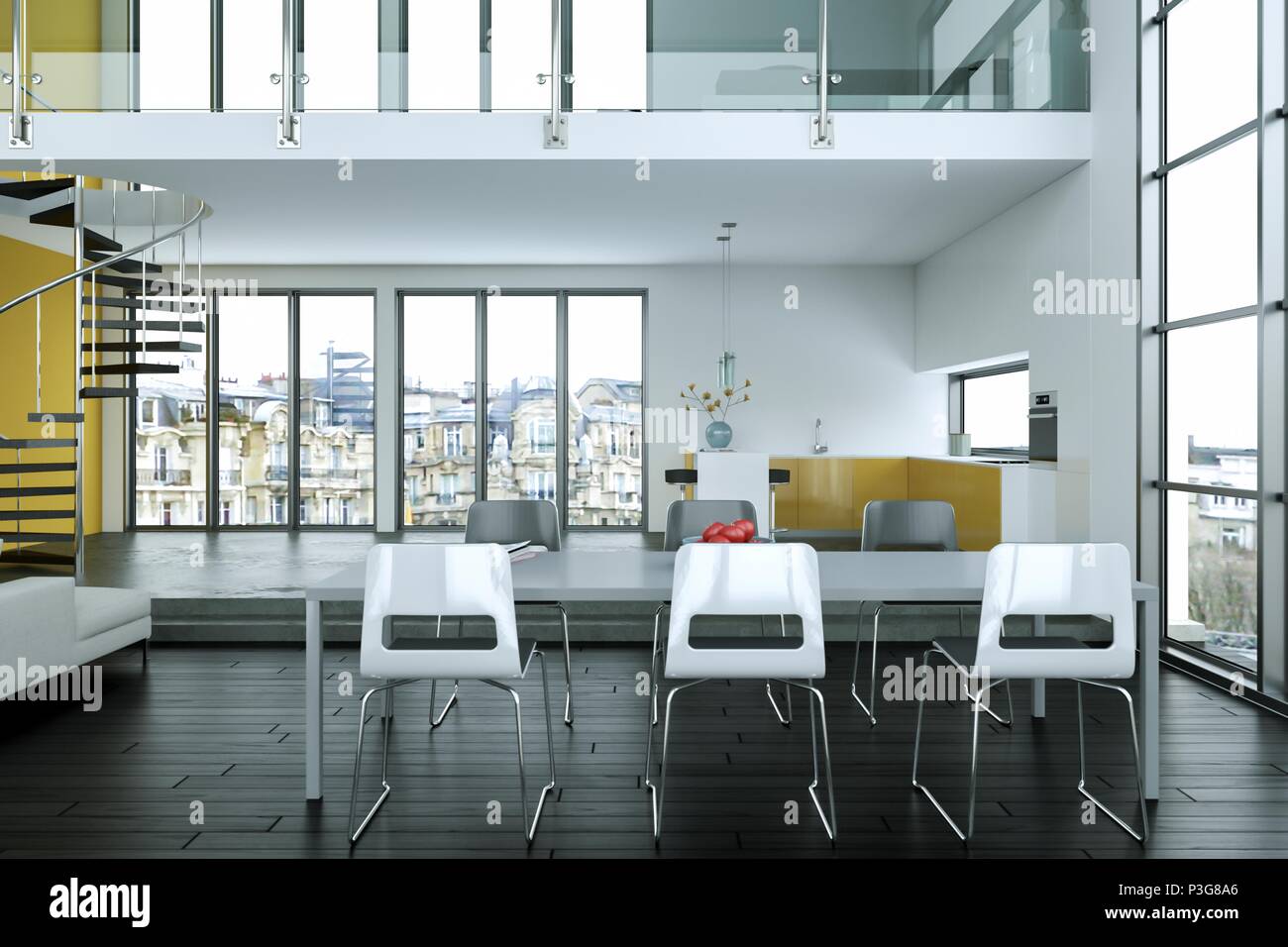 Modern bright loft with big Windows interior design Stock Photo - Alamy
