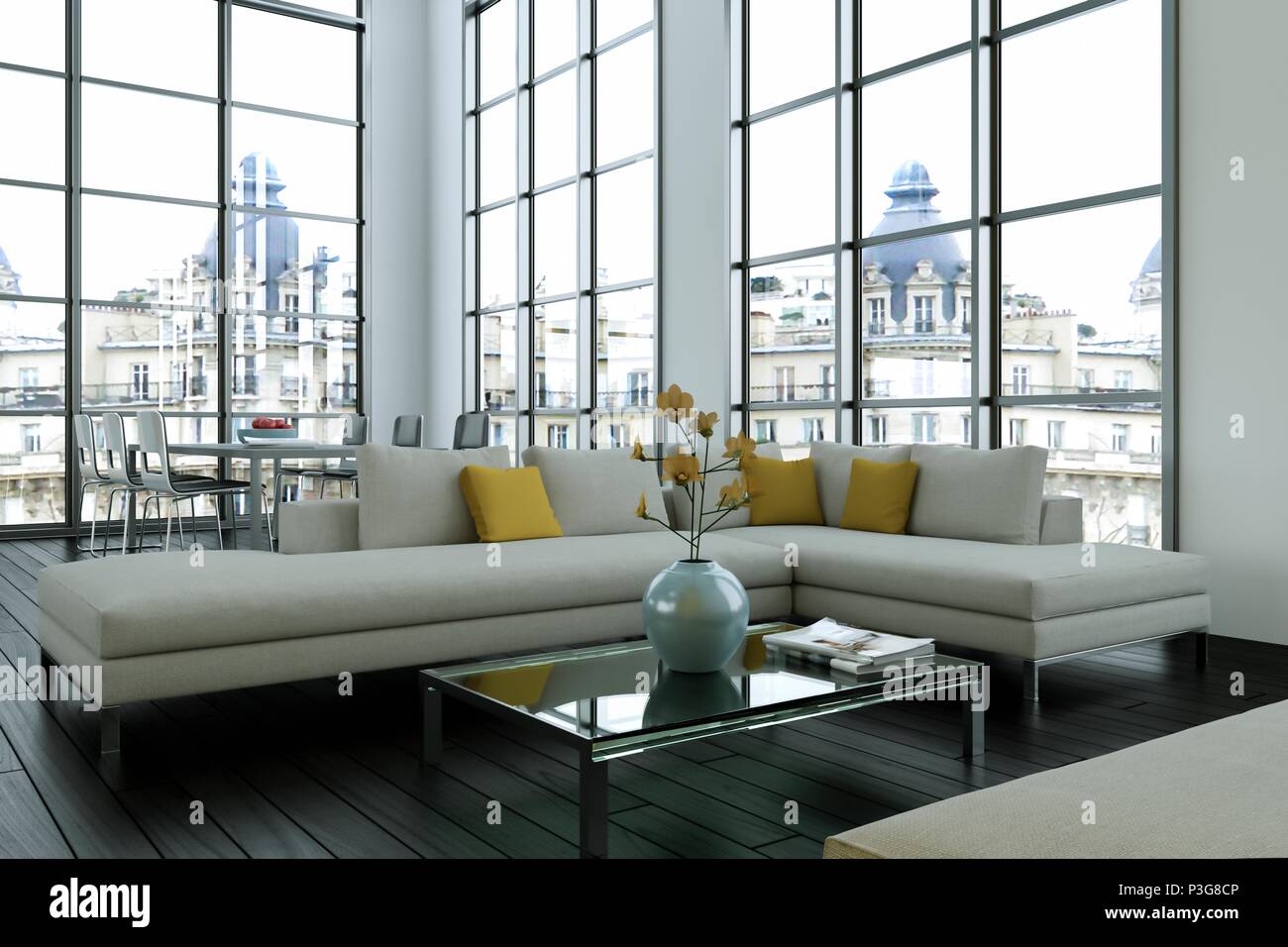 Modern bright loft with big Windows interior design Stock Photo - Alamy