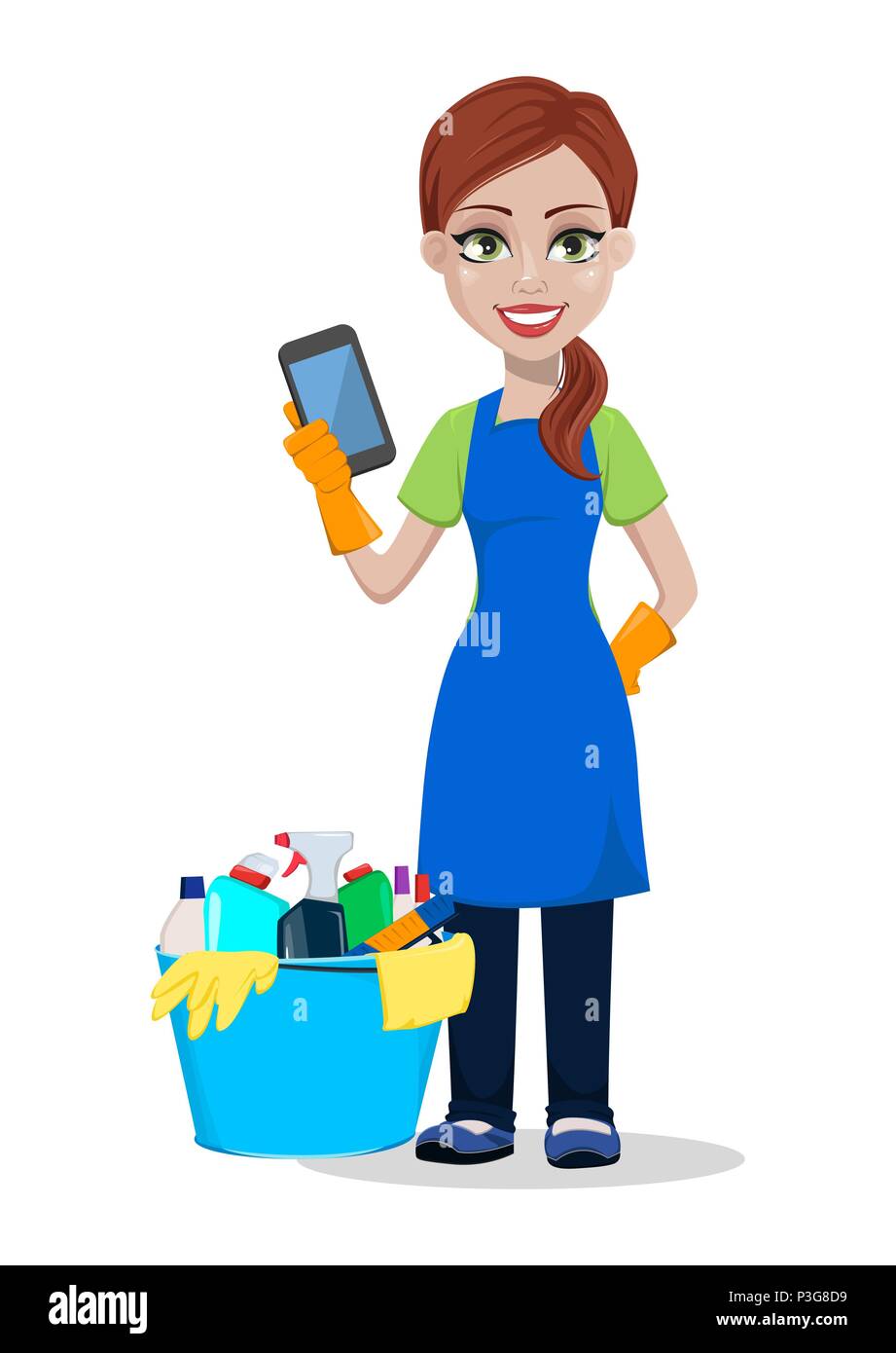 Cleaning company staff in uniform. Woman cartoon character cleaner with ...
