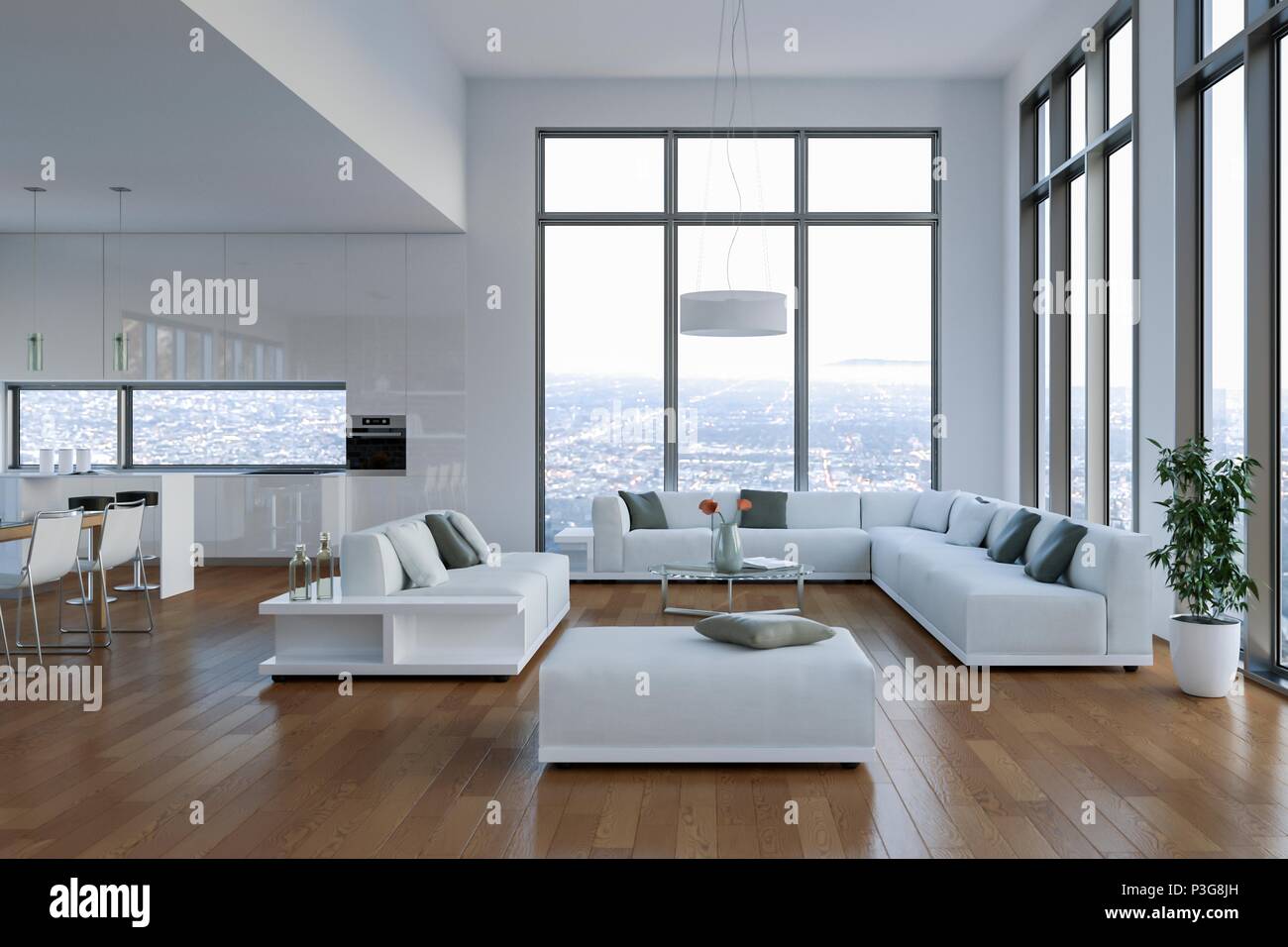 Modern bright loft with big Windows interior design Stock Photo - Alamy