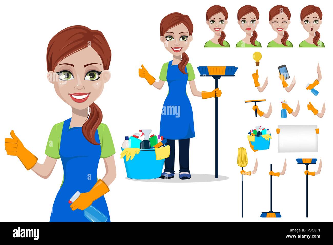 Cleaning company staff in uniform. Woman cartoon character cleaner, set ...