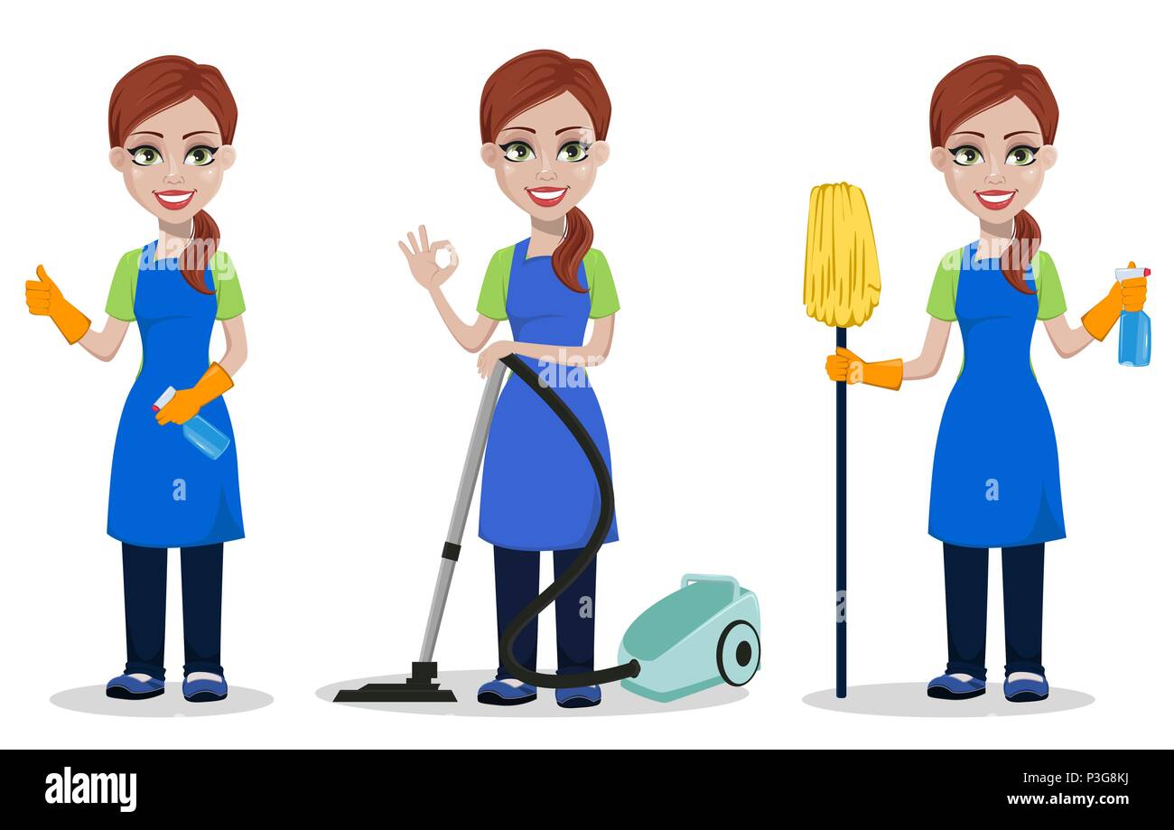 Cleaning company staff in uniform, set of three poses. Woman cartoon ...