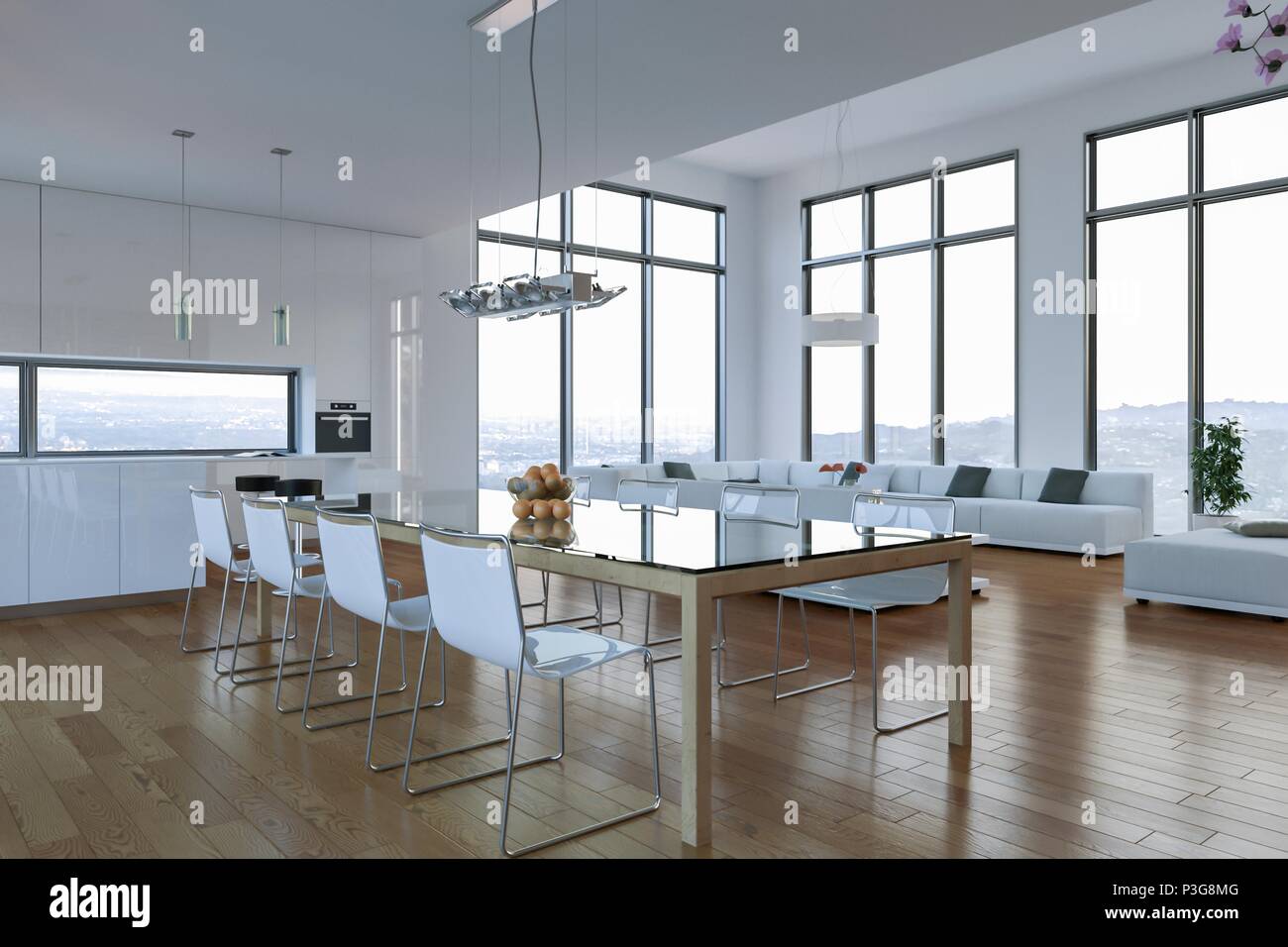 Modern bright loft with big Windows interior design Stock Photo - Alamy
