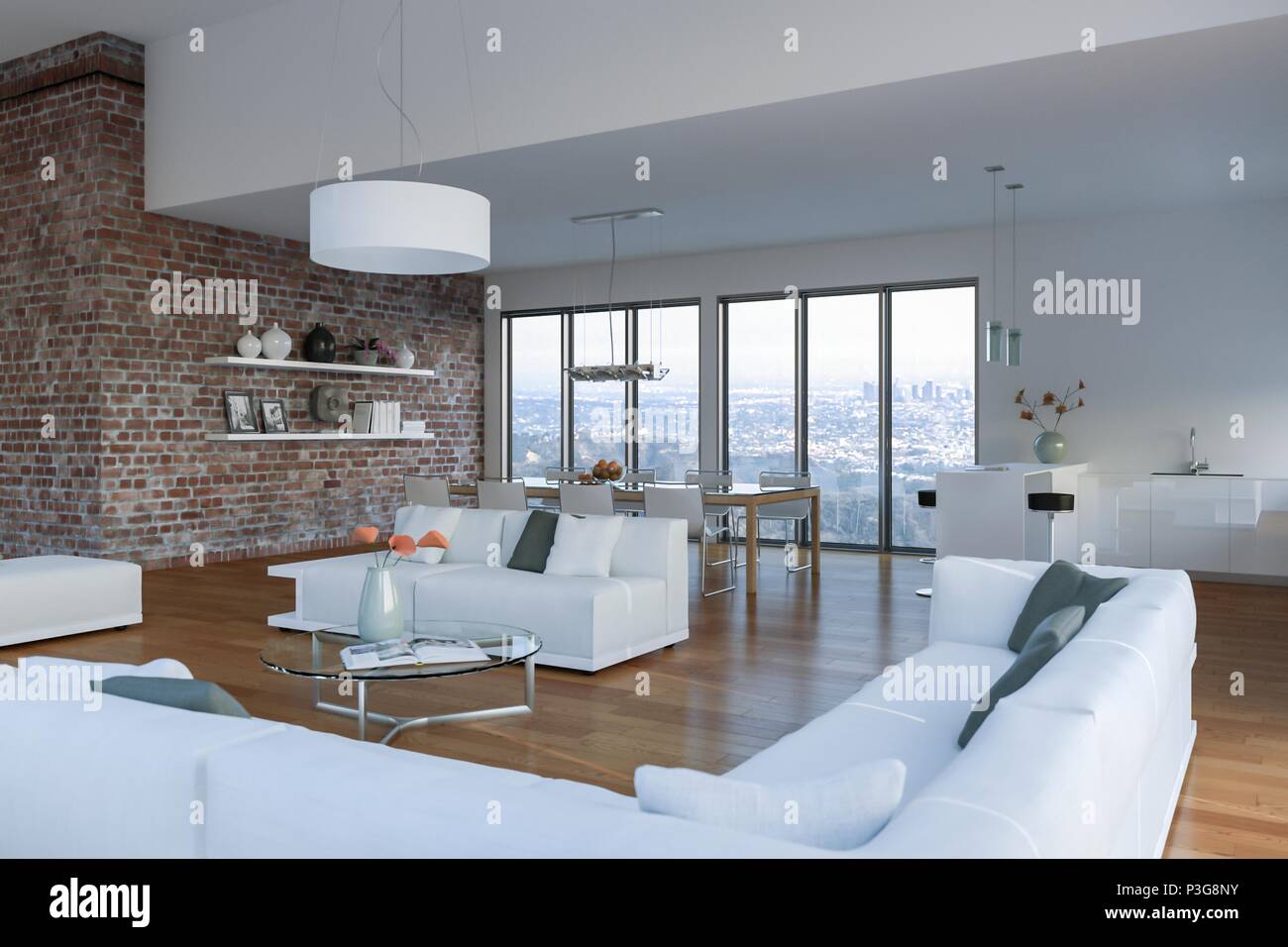 Modern bright loft with big Windows interior design Stock Photo - Alamy