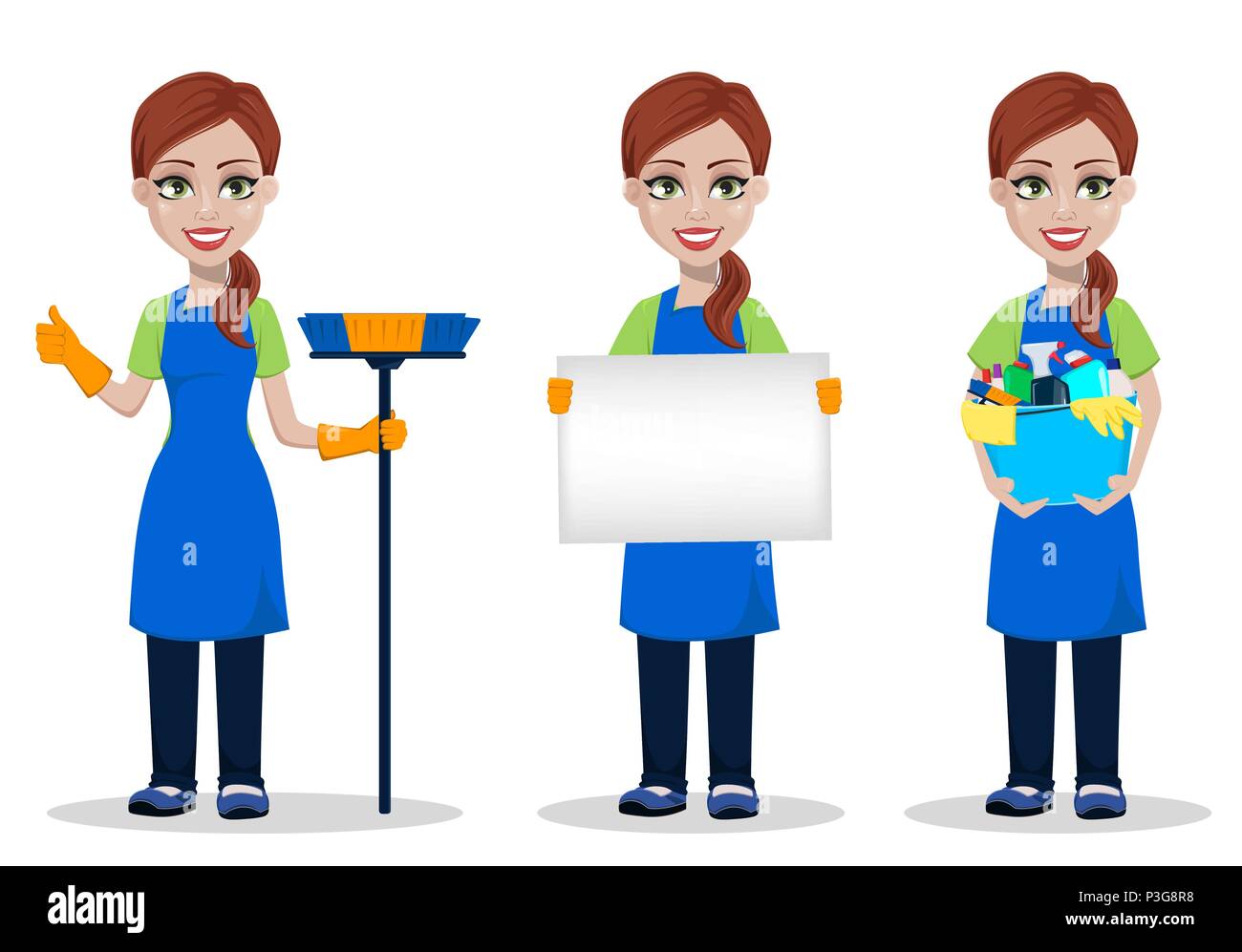Cleaning company staff in uniform, set of three poses. Woman cartoon ...
