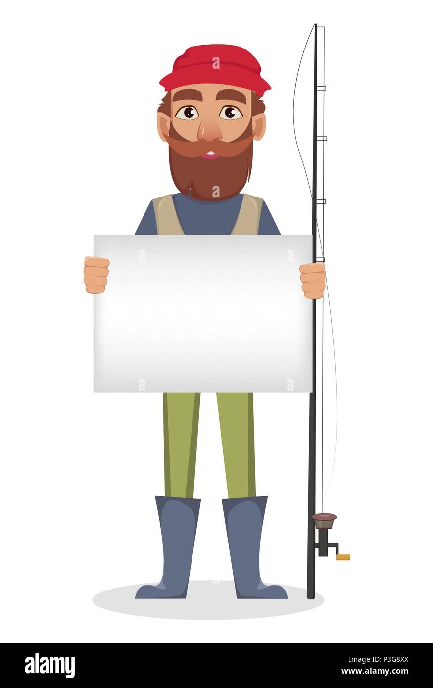 Fisher cartoon character. Fishermen holding blank placard and standing ...