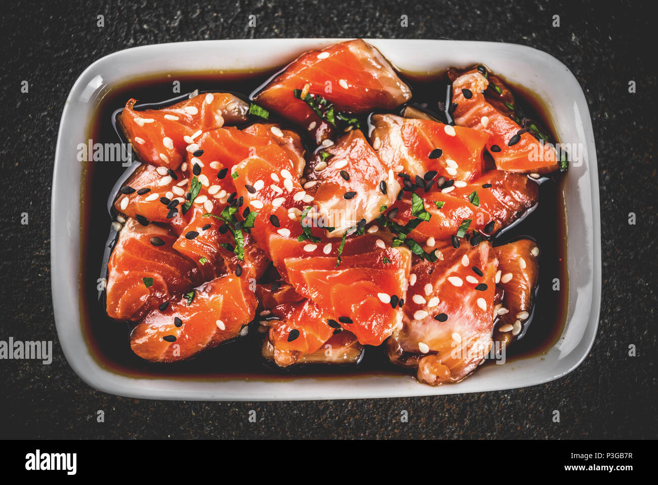 Salmon Sashimi in Marinade (Tamari, Sesame Oil, Lime Juice, and Honey ...