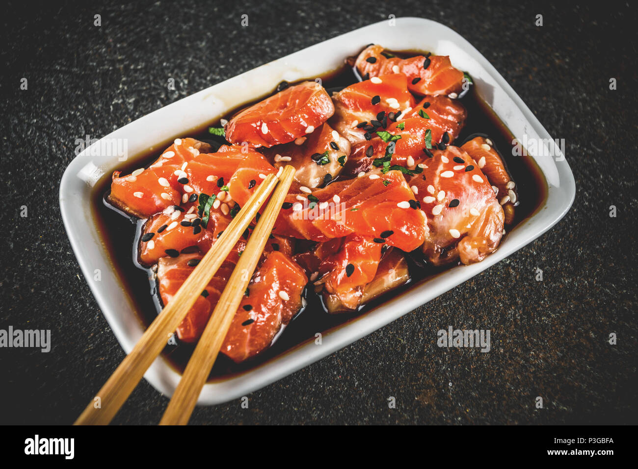 Salmon Sashimi in Marinade (Tamari, Sesame Oil, Lime Juice, and Honey ...