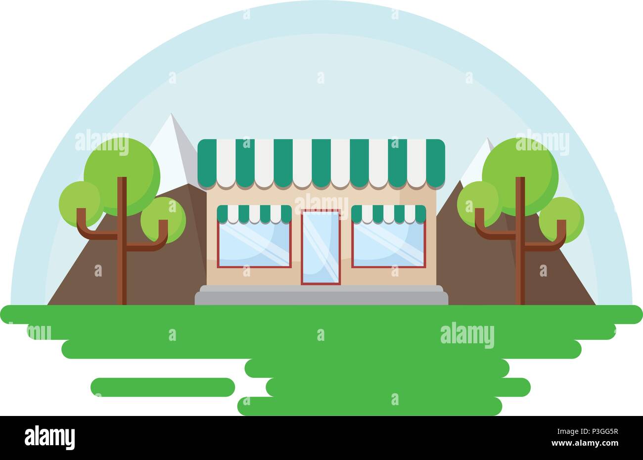 store and trees over landscape and white background, colorful design ...