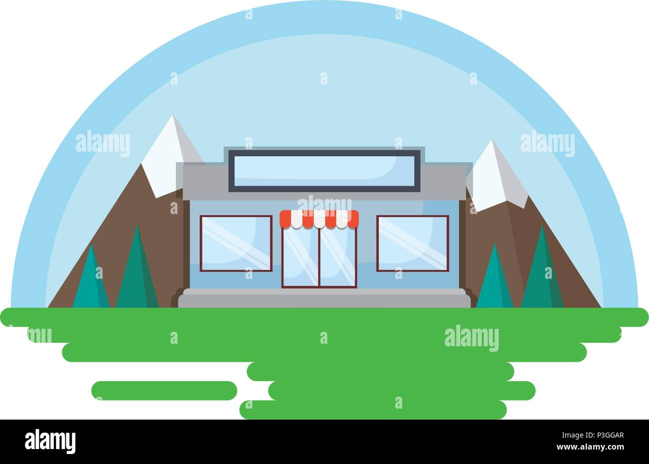 store over mountains landscape and white background, colorful design ...