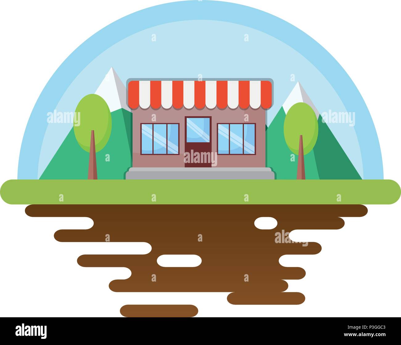 store and trees over landscape and white background, colorful design ...