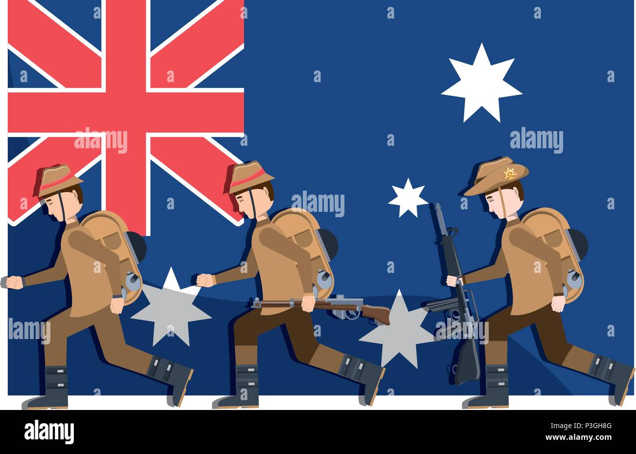 Anzac day design with australian flag and military soldiers over white ...