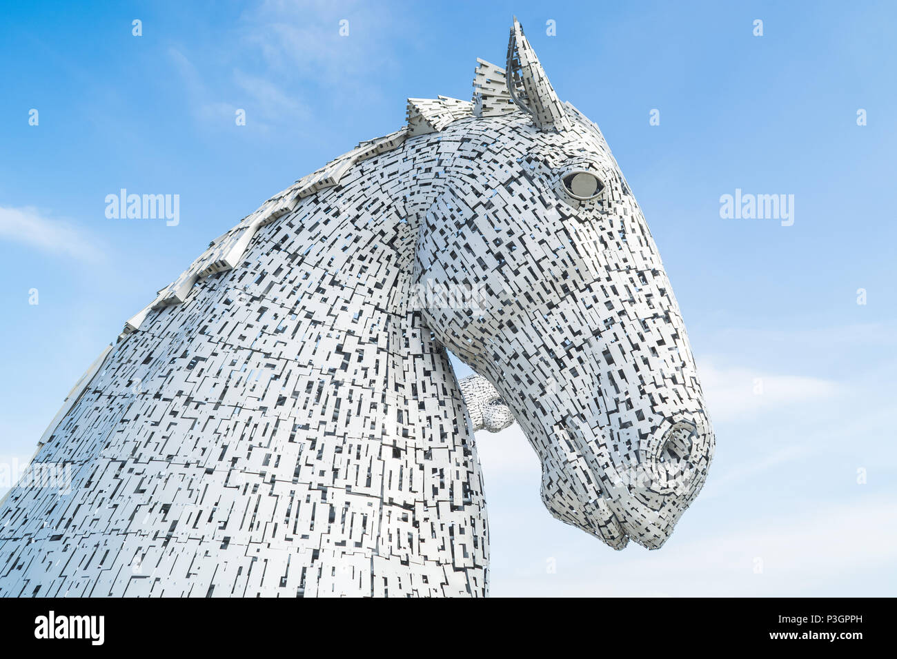 One of the Kelpies sculptures from the side in Helix park, Falkirk ...