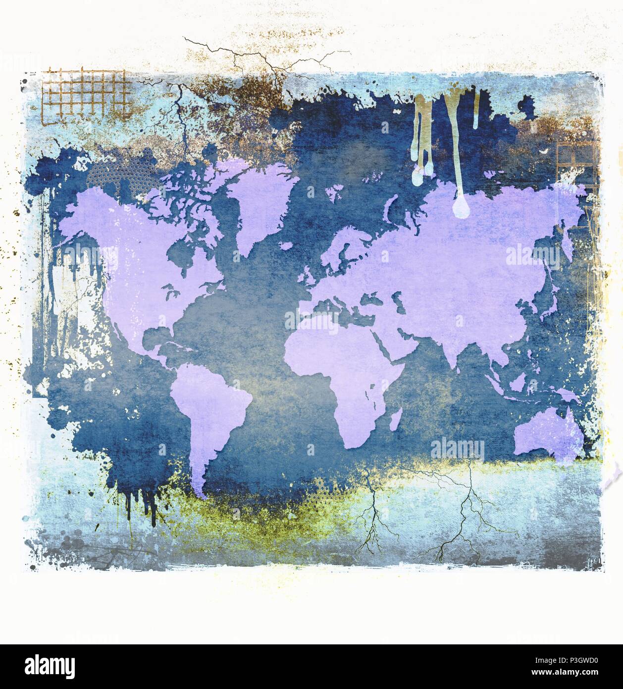Purple world map on grunge dripping abstract background. Elements of ...