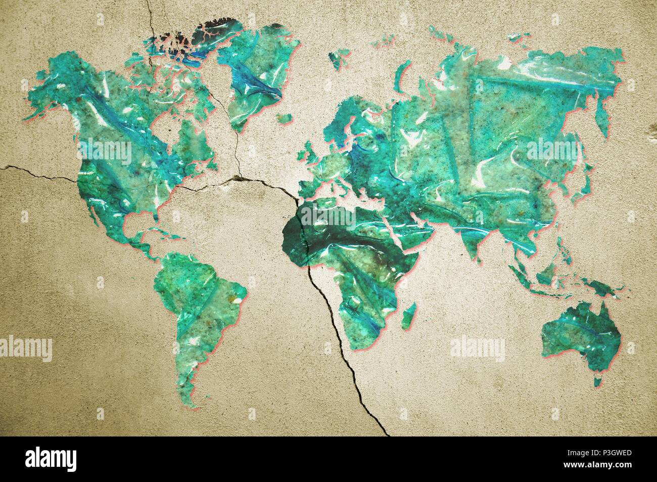 World map in dirty and burned plastic surface on cracked wall ...