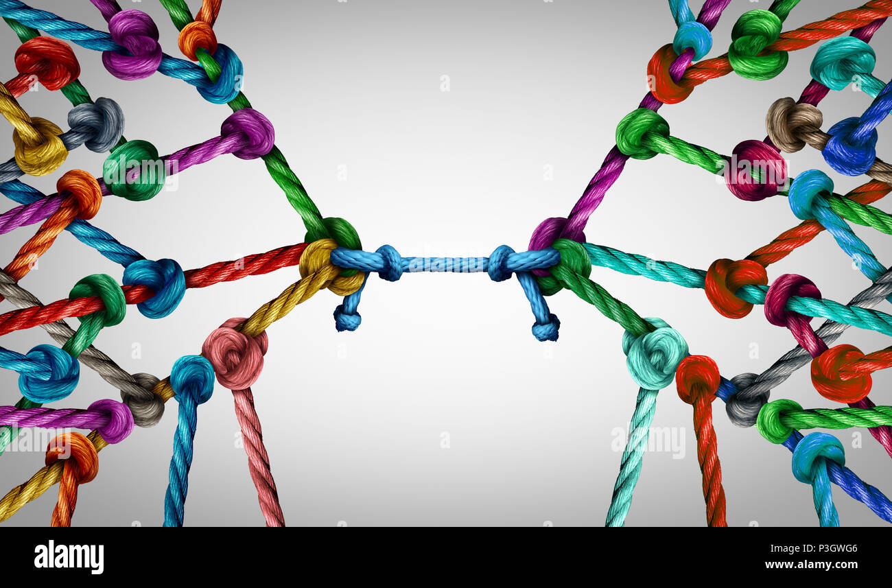 Connecting teams and connected group concept as many different ropes ...