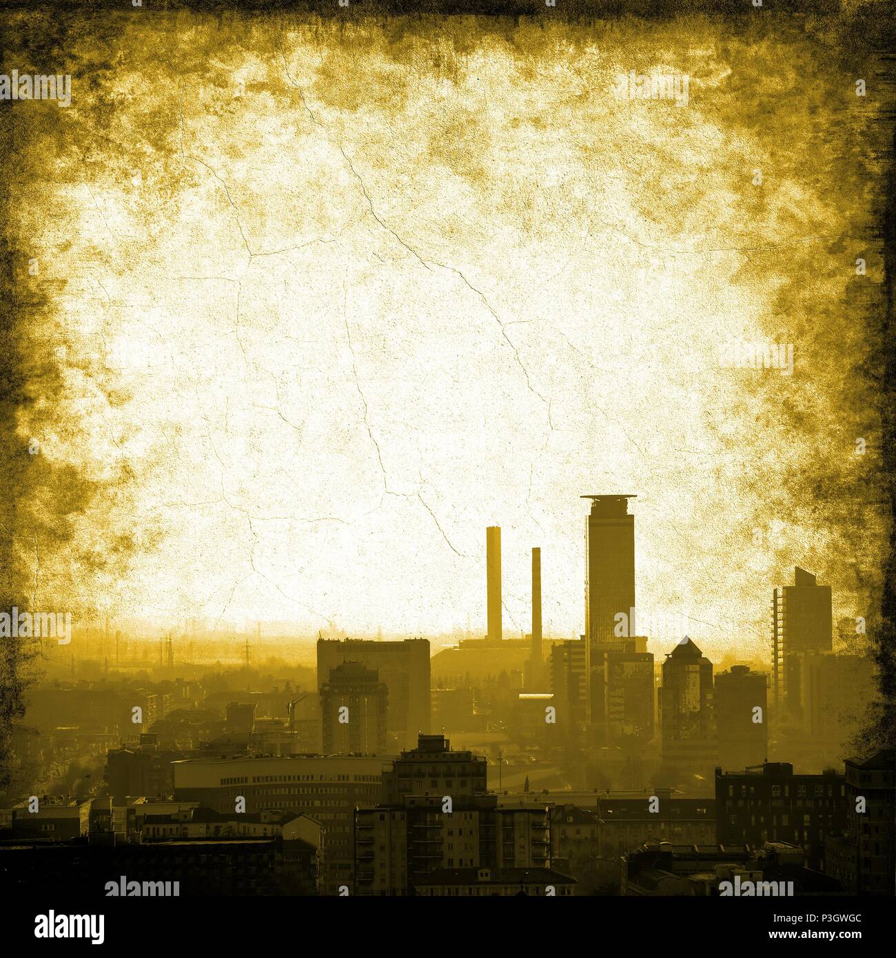 Grunge cracked city skyline in sepia tones Stock Photo - Alamy