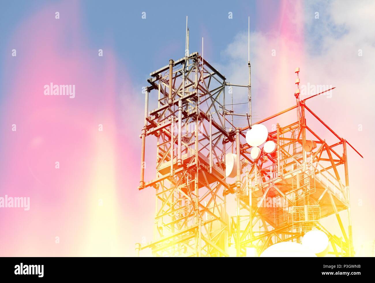 Telecommunication tower Antenna with fire and flames effects Stock ...