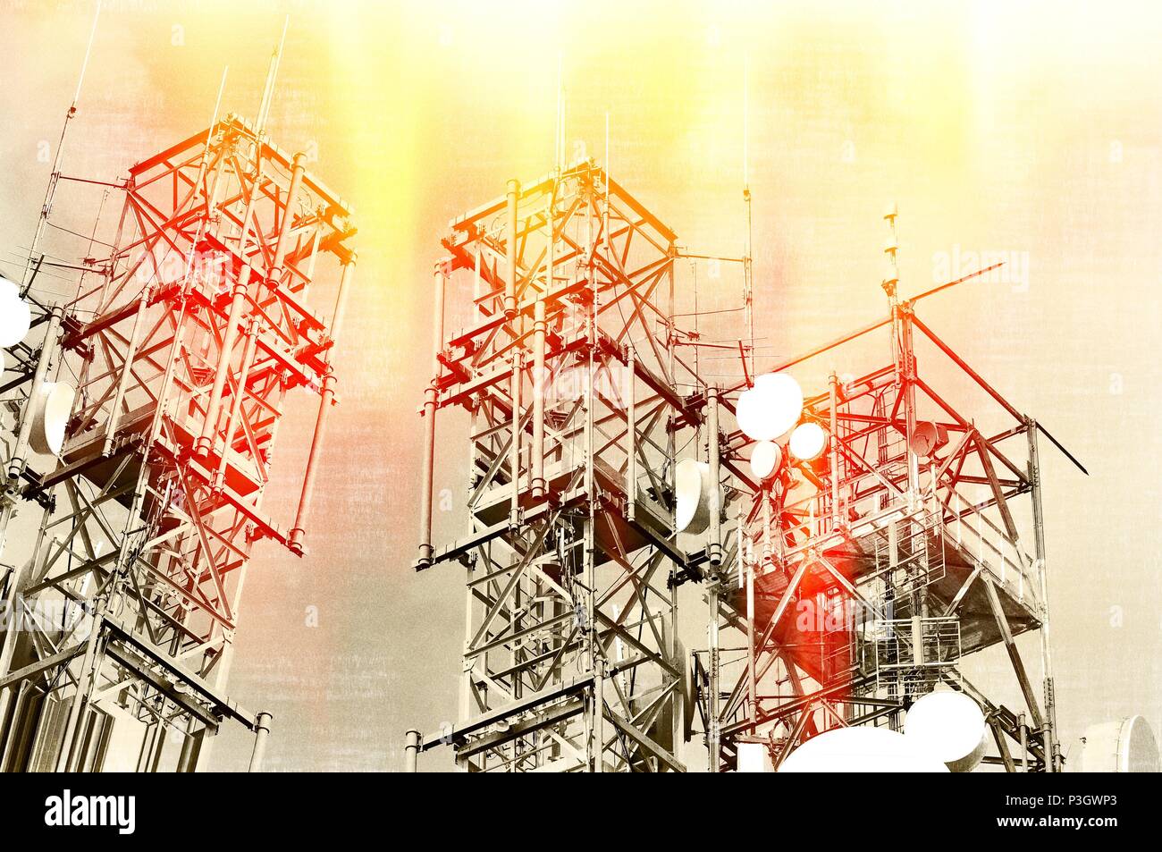 Telecommunication tower Antenna with fire and flames effects Stock ...