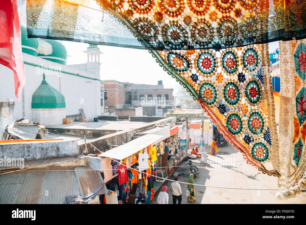 Pushkar old street market view over the curtain of the cafe Stock Photo ...