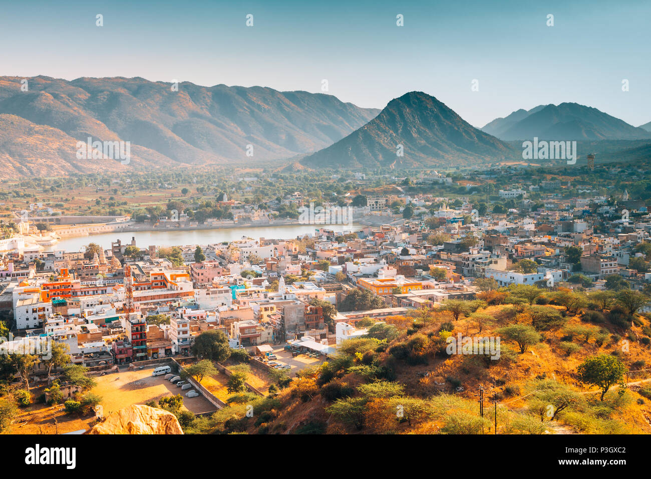 Pushkar town panorama view from Papmochani Mata Hindu Temple in Pushkar ...