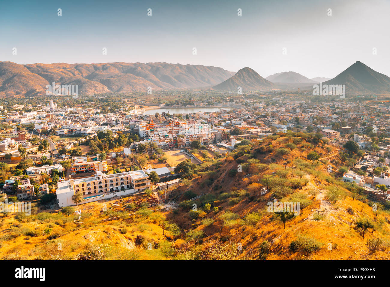 Pushkar town panorama view from Papmochani Mata Hindu Temple in Pushkar ...