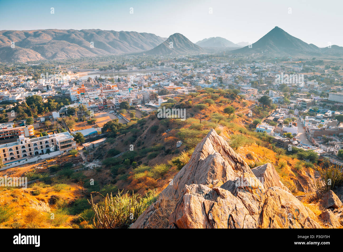 Pushkar town panorama view from Papmochani Mata Hindu Temple in Pushkar ...